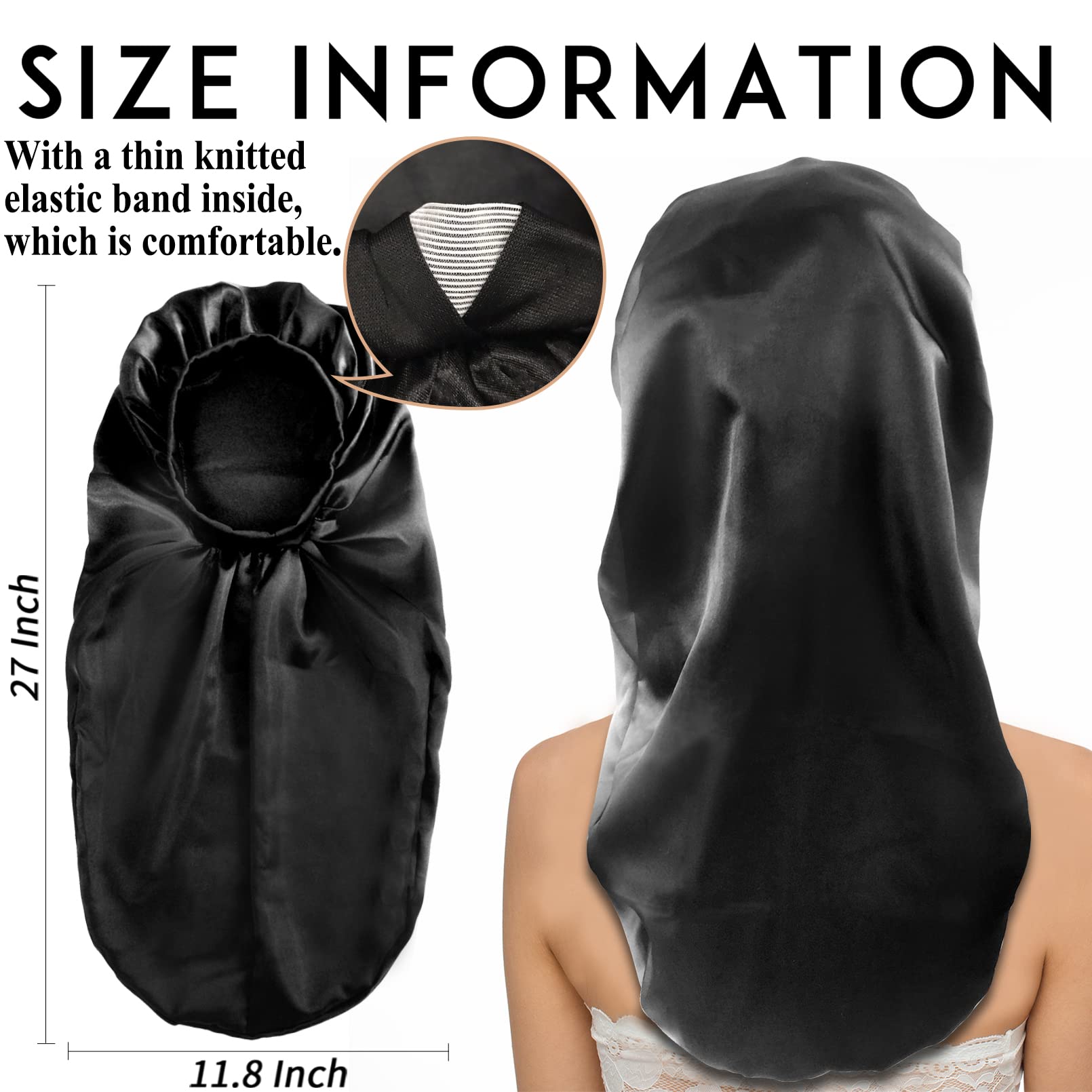 2Pcs Long Satin Bonnet Sleep Cap,Extra Large Braids Bonnets for Sleeping,Long Hair,Soft&Comfortable Elastic Band Bonnets for Women Night Sleep,Hair Bonnets for Women Satin (Black+Pink Pattern)