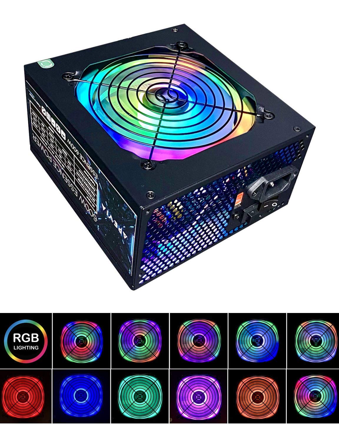 Apevia ATX-ES600-RGB Essence 600W ATX Semi-Modular Gaming Power Supply with Auto-Thermally Controlled 120mm RGB Fan, 115/230V Switch, All Protections