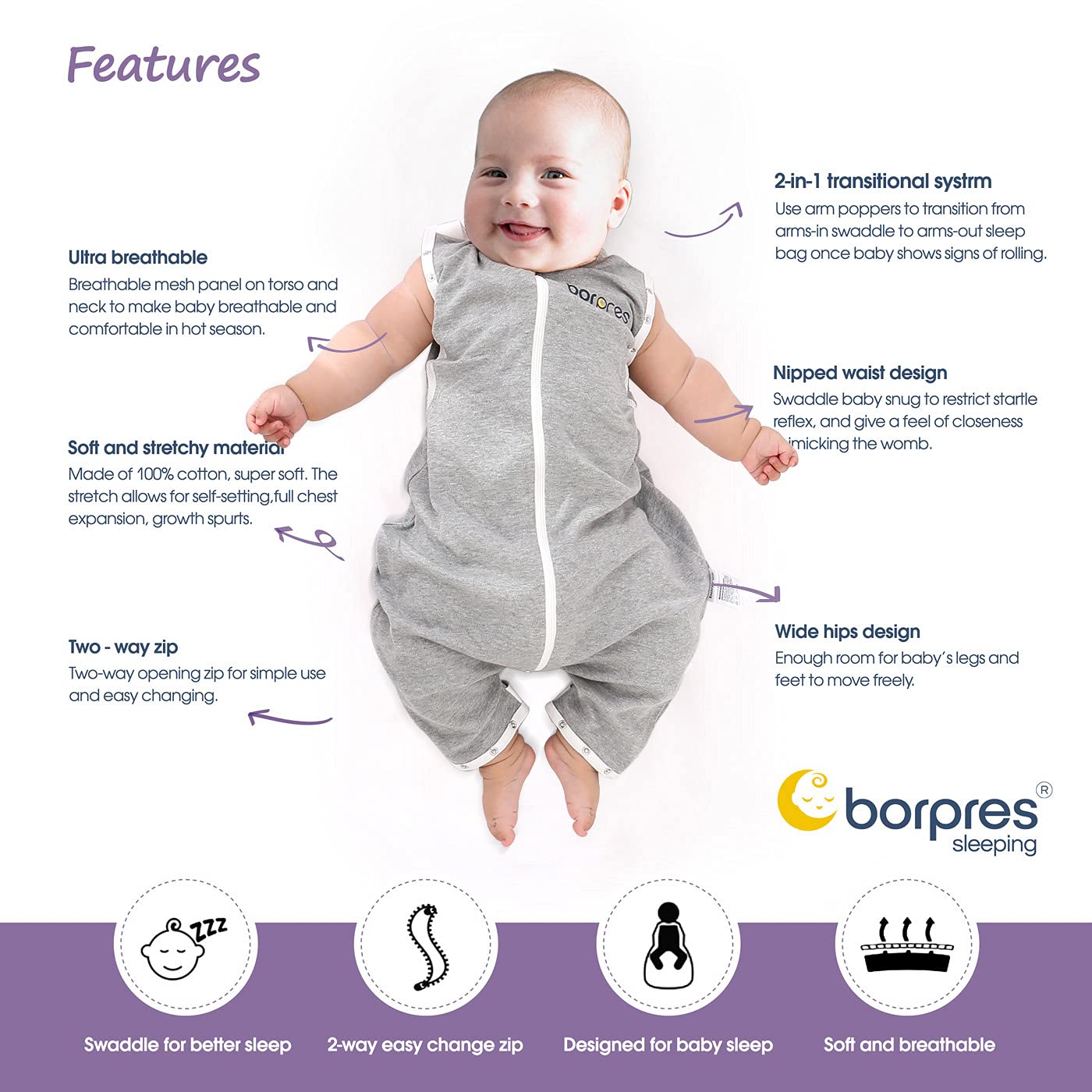 BORPRES Baby Swaddle,Infant and Newborn(Baby) Swaddle with 2 in 1 Transitional System,Ultra Breathable and Snuggly Sleeping Bag,Enhanced Comfort and Improved Sleep,3-9 Months,Hemp Gray