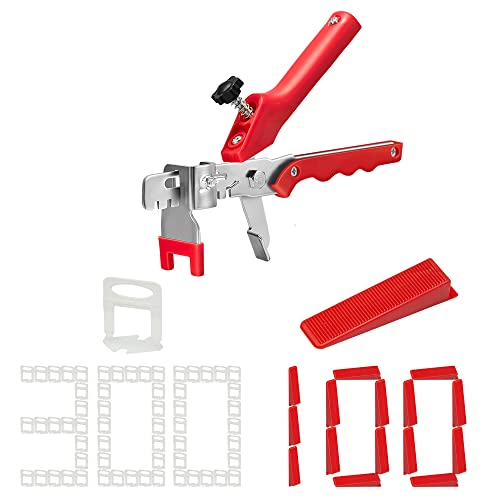 1/16" Tile Leveling System with Floor Tile Plier - 300Pcs Leveling Spacer Clips and 100Pcs Reusable Wedges, Tile Tools Kit for Professional Ceramic Tiles and Stone Installation
