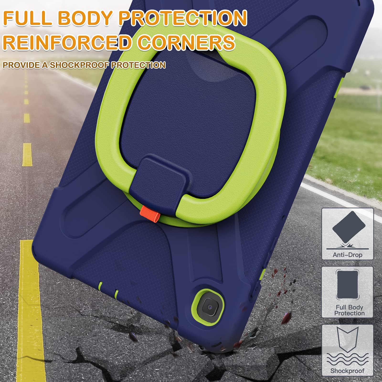 BRAECN Silicone Case for Samsung Galaxy Tab S6 Lite 10.4 Inch 2022/2020, Heavy Duty Rugged Case with Handle Grip, Shoulder Strap, Stable Kickstand, S Pen Holder, Navy+Green