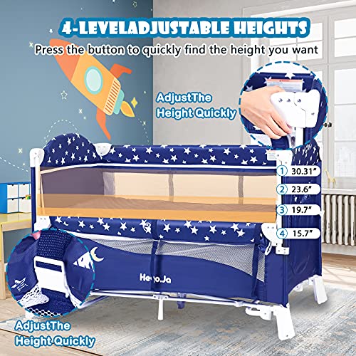 Heyo.Ja Double Layer Baby Playard, 5 Height Adjustable Crib,Changing Diaper Rack,Foldable Bassinet Bed with Luxury Mosquito Net,Starry Sky Fence,Two Toys Bag,Wheels & Brake, Carry Bag (Navy)