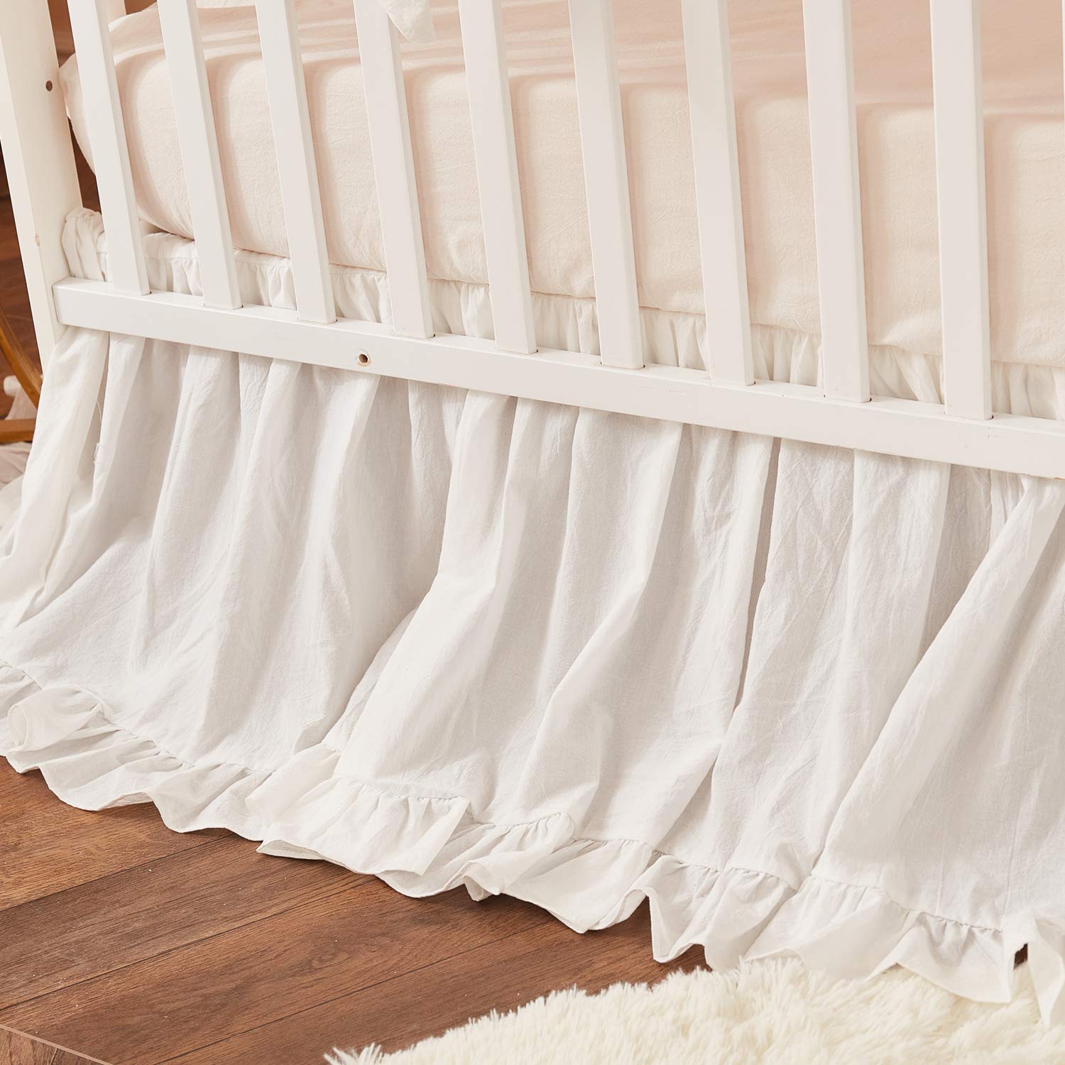 Brandream Boho Bohemian Girl Baby Nursery Crib Bed Skirt Dust Ruffle - Neutral Solid Color Beige Cream Off White Farmhouse Chic 100% Washed Cotton Ruffle