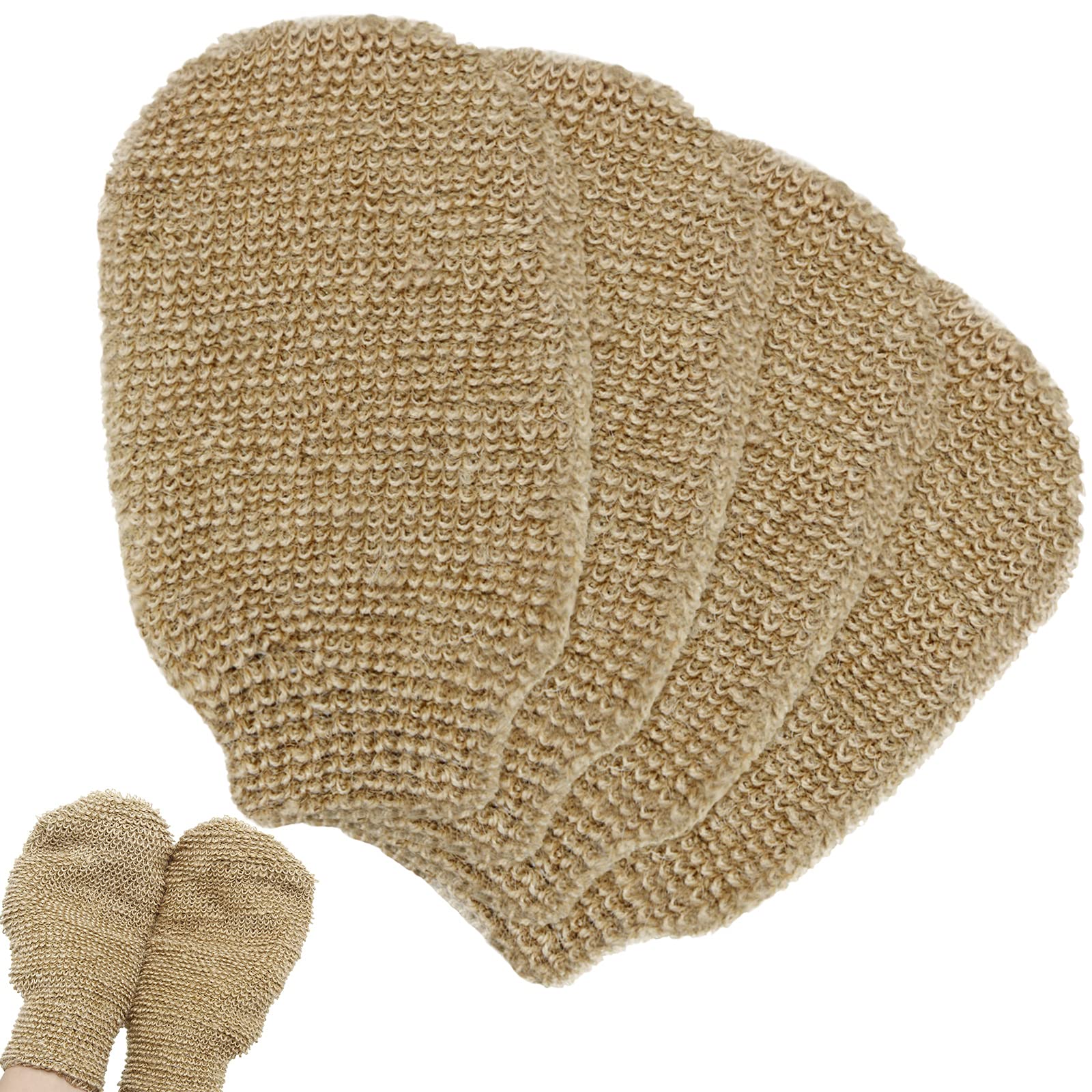 4 Pieces Bath Mitt Loofah Shower Gloves Natural Exfoliating Hemp Scrubbing Mitt Bath Sponge Shower for Women Men Scrubber Machine Washable Double Sided Available
