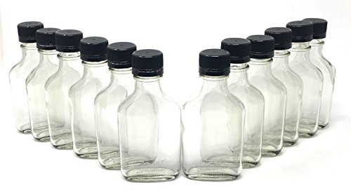 100 ml (3.3 oz) Glass Flask Liquor Bottle with Black Caps (12 Pack)