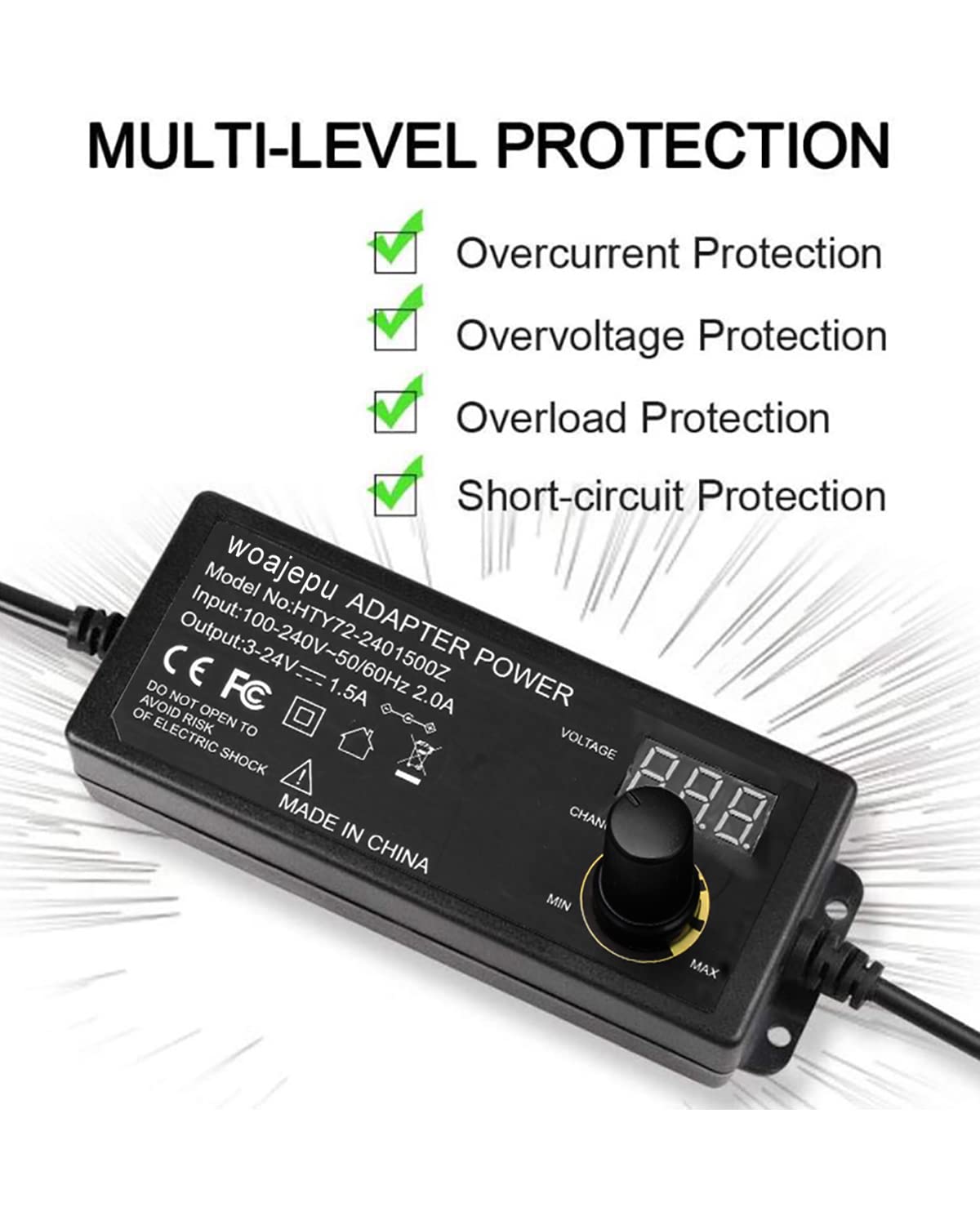 3V ~ 24V 2.5A 60W Power Supply with Volt Diaplay Adjustable DC 3V 5V 6V 9V 12V 15V 16V 18V 19V 20V 24V Variable Universal AC/DC Adapter 100V-240V AC to DC Converter with 8 Selectable Adapter Tips
