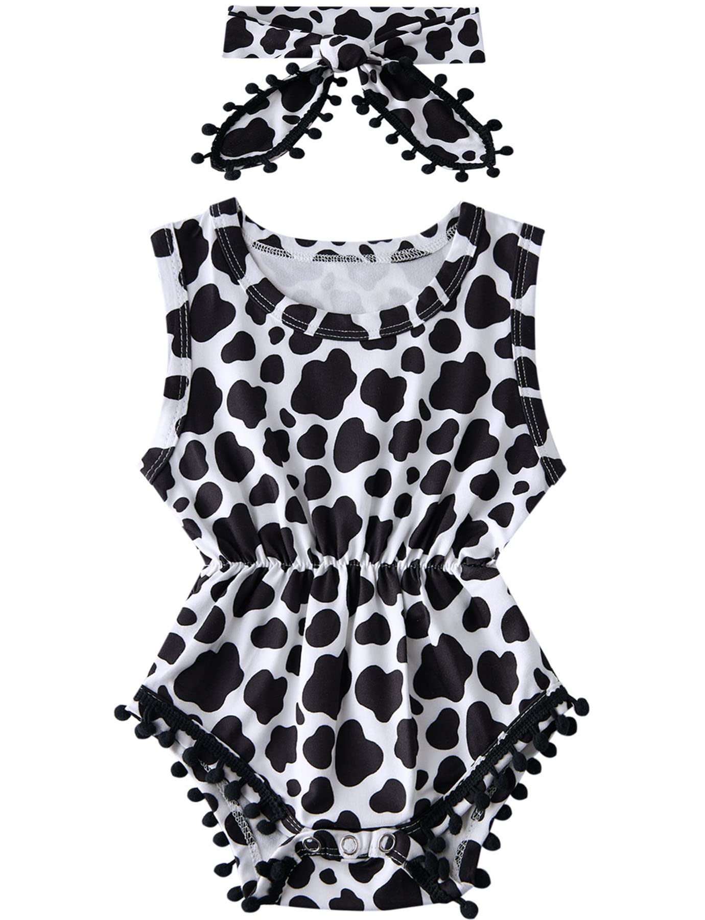 Ahegao Infant Girls Cow Print Rompers for Toddlers Cute Black and White Dots Bodysuits Crewneck Buttons Snap Design Jumpsuits with Tassel Kids Boy Casual Sleeveless Outfits Lovely Clothes, 3-6 Months