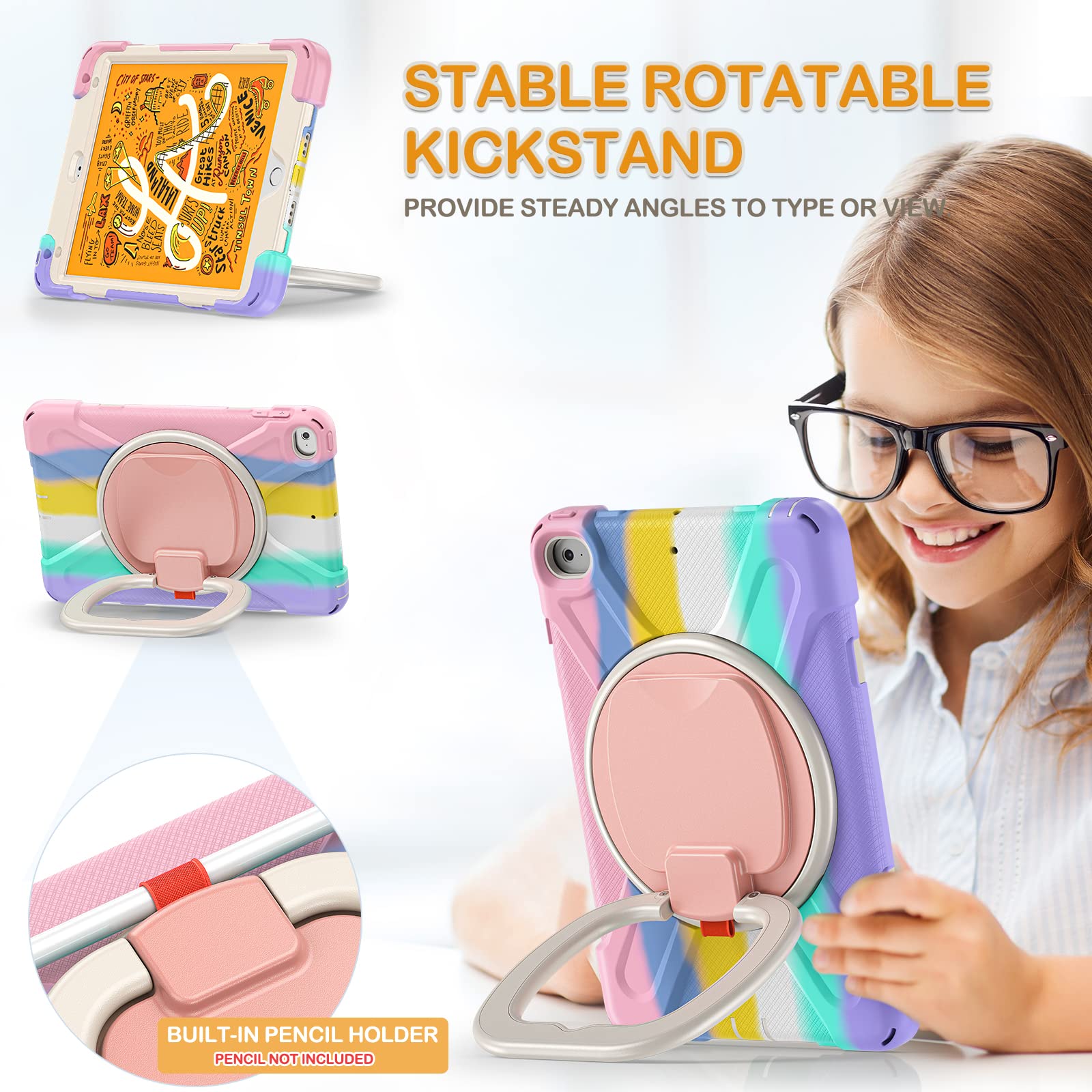 BRAECN Kid Case for iPad Mini 5/4 | Shockproof Silicone Cover with Shoulder Strap, Kickstand, Pencil Holder & Anti-Slip Grip | Compatible with iPad Mini 5th/4th Generation 7.9" - Colorful Pink