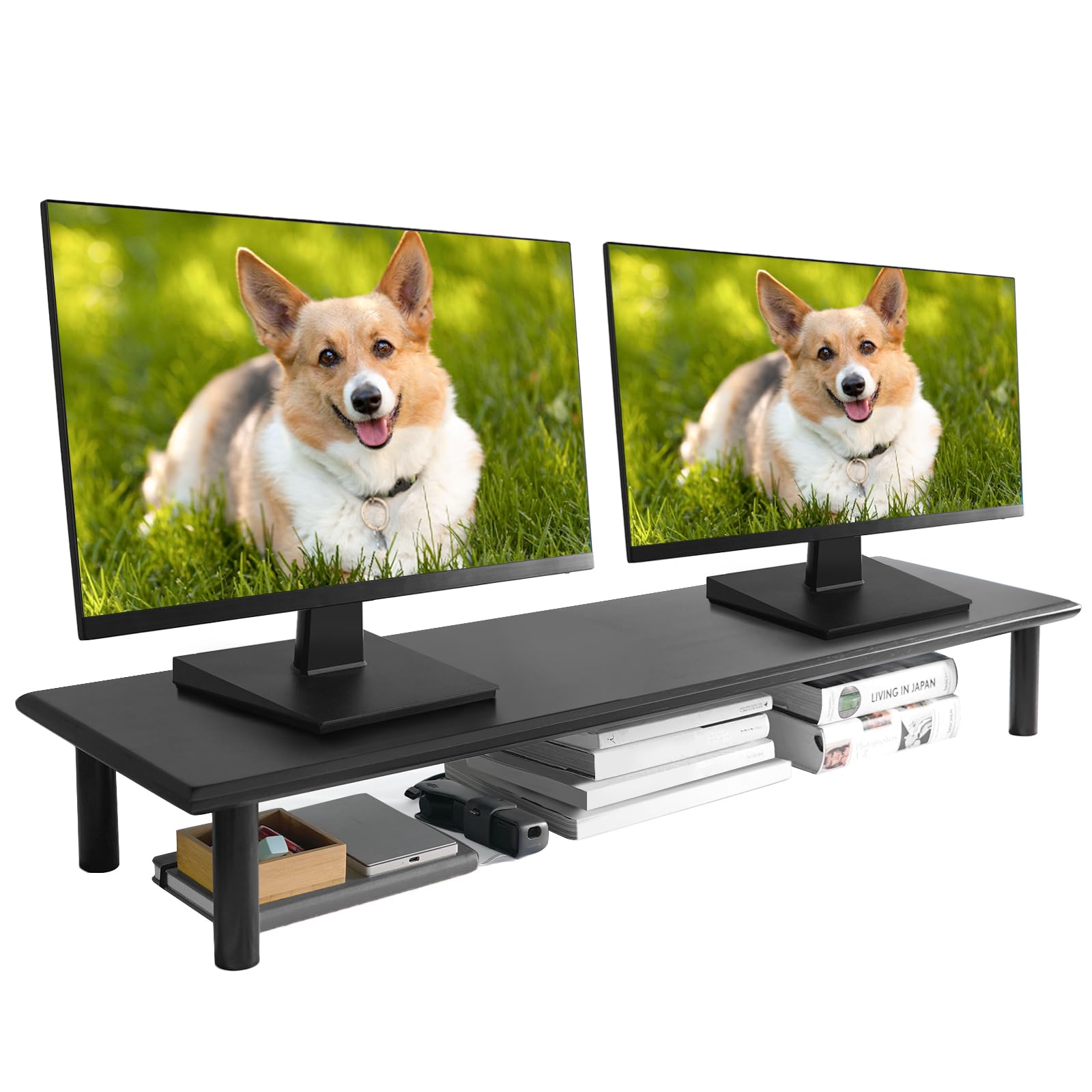 ROCDEER Bamboo Dual Monitor Stand Riser, Black Desk Monitor Riser for 2 Monitors Supports for Monitor, Printer, Heavy TV Riser up to 300 lbs