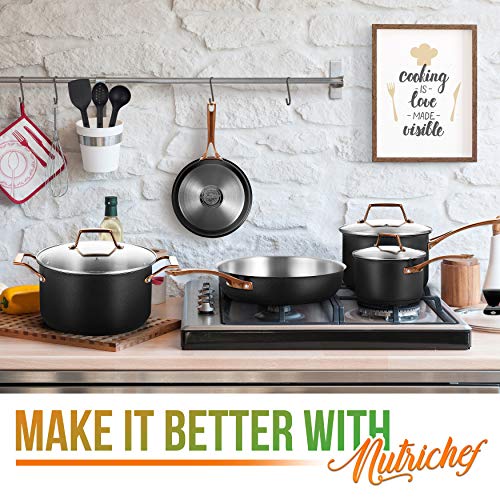 NutriChef 11 Pcs. Stylish Kitchen Set w/Modern Cookware Design Non-Stick Kitchenware Pots & Pans, Small & Medium Skillet Fry Pans w/Golden Handles, NCONYX