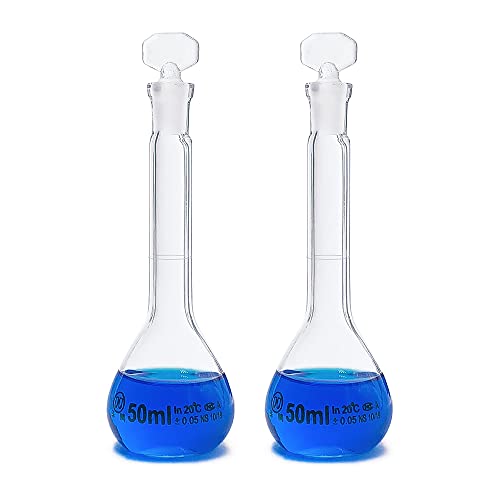 50ml Volumetric Flask with Ground Glass Stopper, Class A, 3.3 Borosilicate Glass with White Graduation, HUAOU, Pack of 2