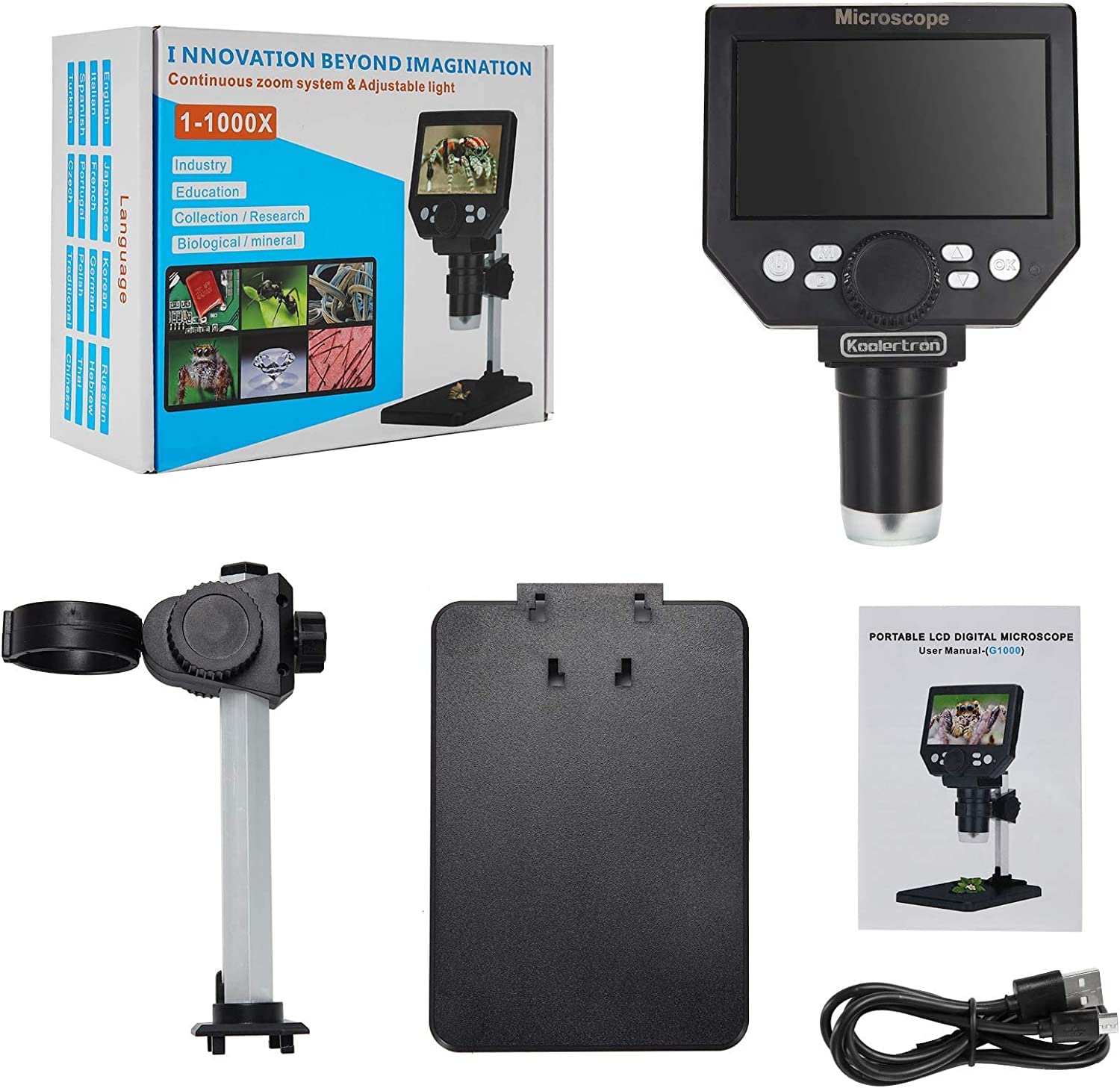Koolertron 4.3 inch LCD Digital USB Microscope,8MP 1-1000X Magnification Handheld Digital Microscopes,8 LED Light,Rechargeable Battery,Microscope for Coins/Plant/Rock/Circuit Board