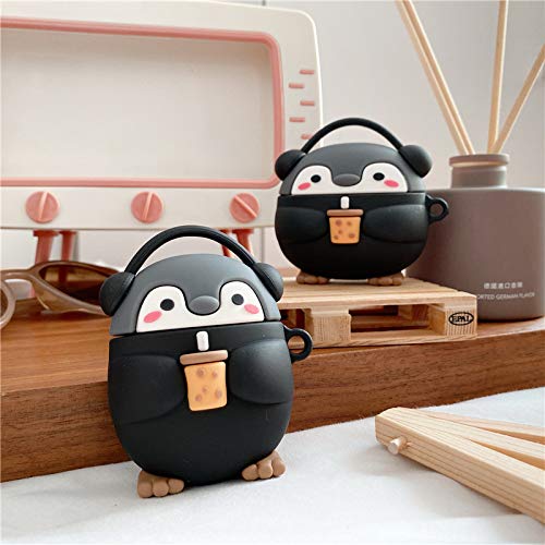 LUCKESSA Cute Kawaii Holding Milk Tea Cup Enjoying Music Headset Penguin Earphone Case for AirPods Pro, Soft Rubber Silicone Strong Protection Wireless Charging Earbud Cover Protective Skin -Black