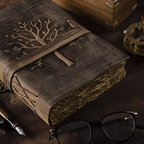 Vintage Leather Journal Tree of Life-Leather Bound Journal-Antique Paper-Beautiful Embossed Tree Leather Sketchbook - For Drawing Sketching and Writing-240 Pages