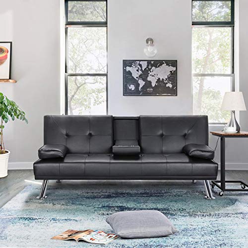 Topeakmart Living Room Futon Sofa Bed Faux Leather Sofa Couch Modern Convertible Folding Recliner with Cup Holders Living Room Furniture Sofa Black