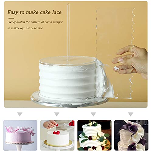 AQUIVER 8.25" Acrylic Round Cake Disk Set - Cake Discs Circle Base Boards with Center Hole (Set of 2) - 2 Comb Scrapers (4 Patterns) & Dowel Rod - Supplies for Cakes
