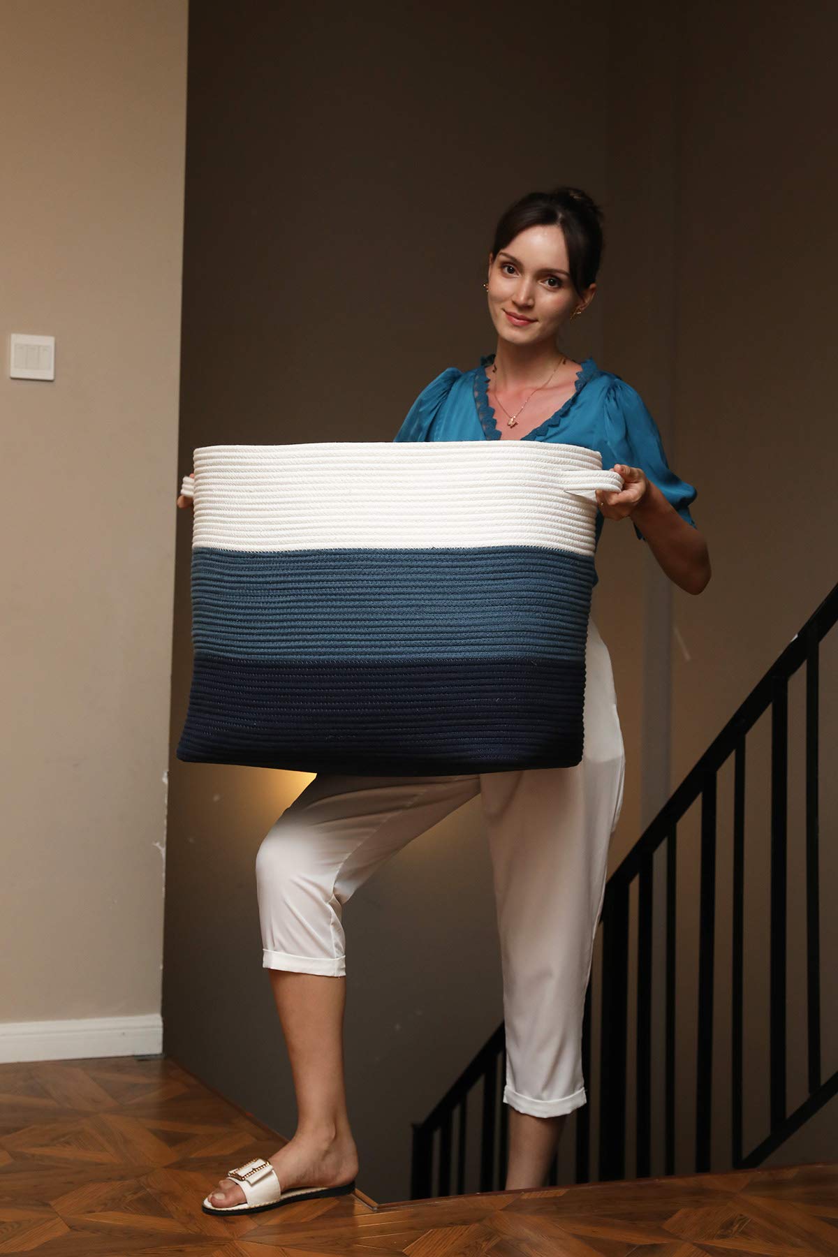 22"x14"x18" Mega Size Rectangular Extra Large Storage Basket, Rectangular Cotton Rope Storage Baskets, Woven Laundry Hamper, Cloth Storage Bin, for Clothes Blanket in Living Room, Dark Blue/Deep Blue