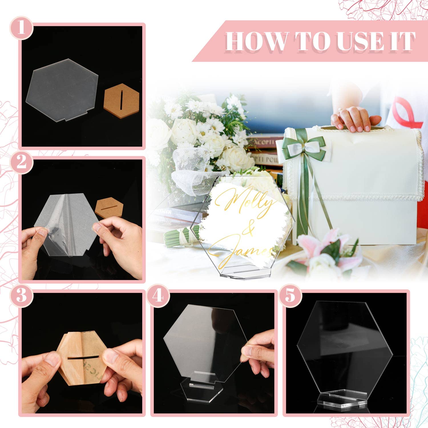 10 Pack Large Acrylic Hexagon Blank Table Stand, DIY Geometric Clear Plexiglass Number Sign Holder with Gold & Silver Marker Metallic for Modern Wedding Reception, Centerpiece Decoration Event Party