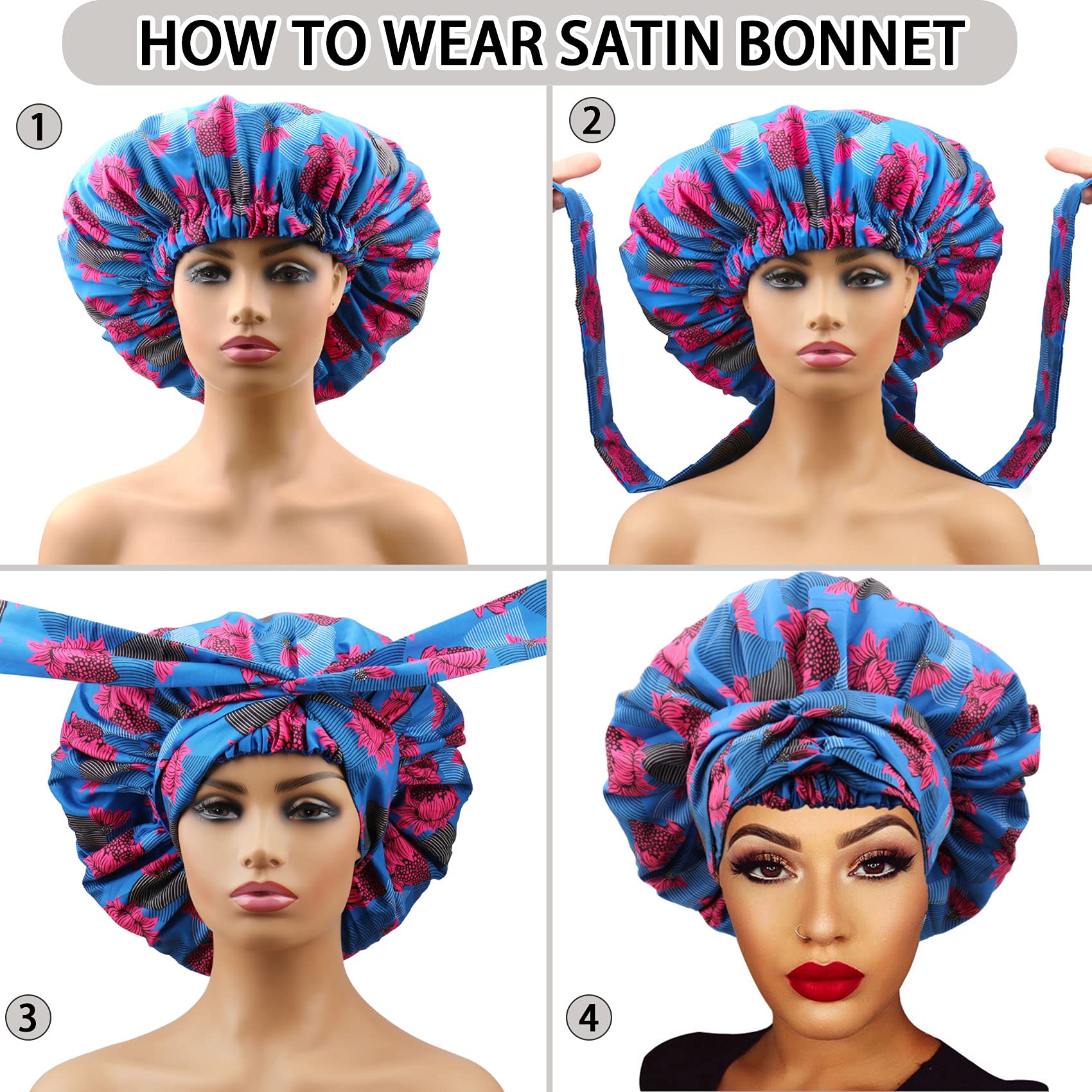 4 Packs Satin Bonnet for Women Silk Bonnet Sleep Cap African Print Head Scarf Head Wrap for Long Curly Natural Hair Braids Hat Large Soft Night Sleeping Cap Head Cover