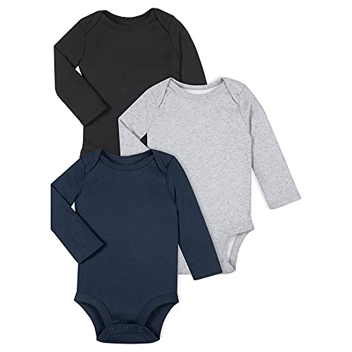 Lamaze Baby Boys' Super Combed Natural Cotton Long Sleeve Bodysuit, Snap Closure, 3 Pack, Black/Blue/Gray, 6 Months