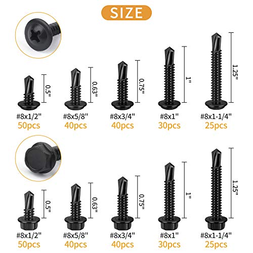 410 Stainless Steel #8 Self Tapping Screws, Hex Washer & Modified Truss Head Self Tapper Screws, VIGRUE 370PCS Self Screws for Metal Plastic Assortment Kit