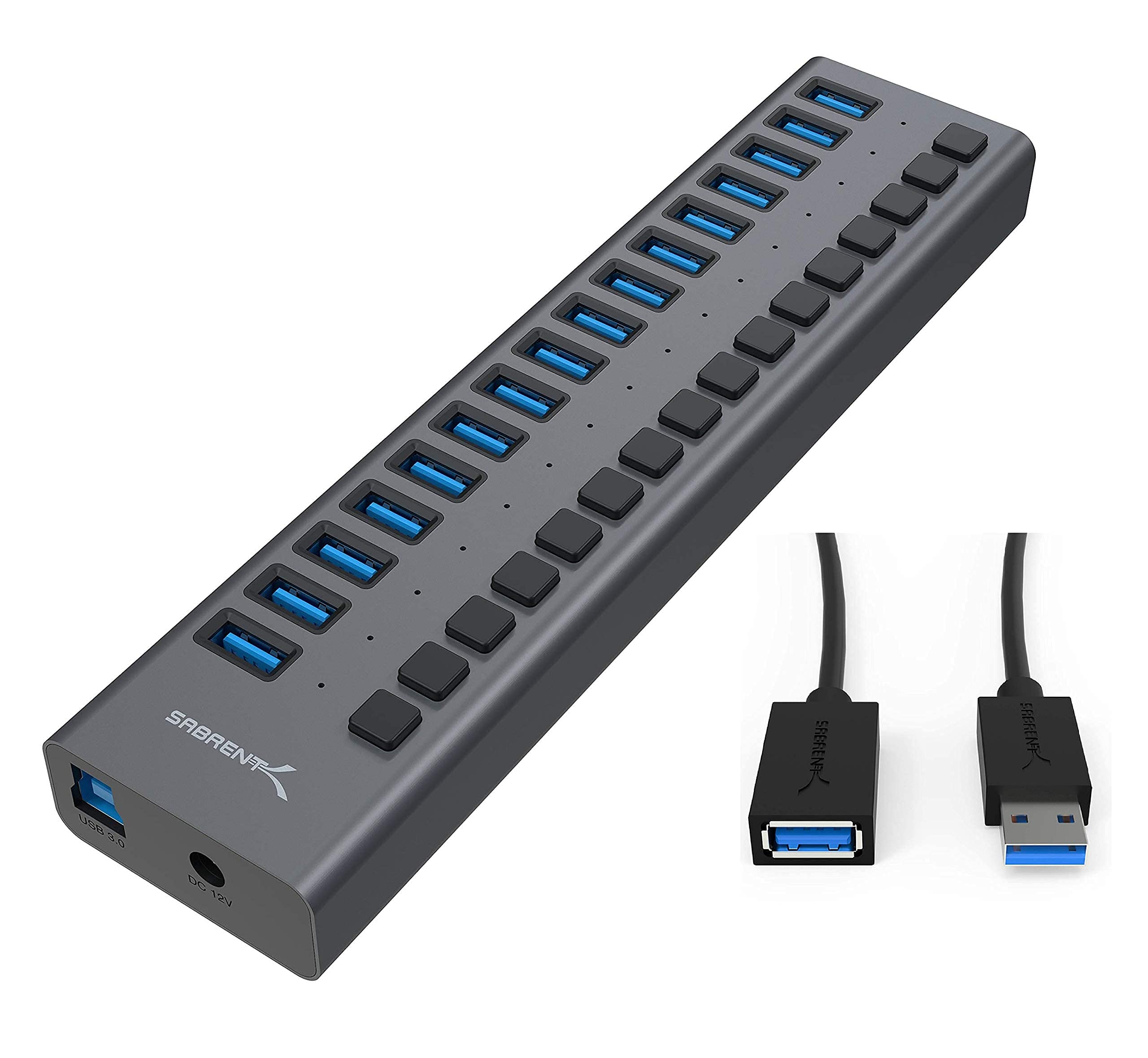 Sabrent 16-Port USB 3.0 Data HUB and Charger with Individual switches + 22AWG 3 Feet USB 3.0 Extension Cable