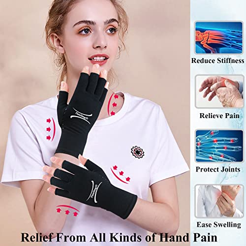 2 Pairs Arthritis Gloves for Pain Relief, Compression Gloves for Arthritis, Carpal Tunnel, Osteoarthritis, Joint, Typing, Driving, Fingerless Hand Gloves for Women Men (Grey1+Pure Black1, Medium)