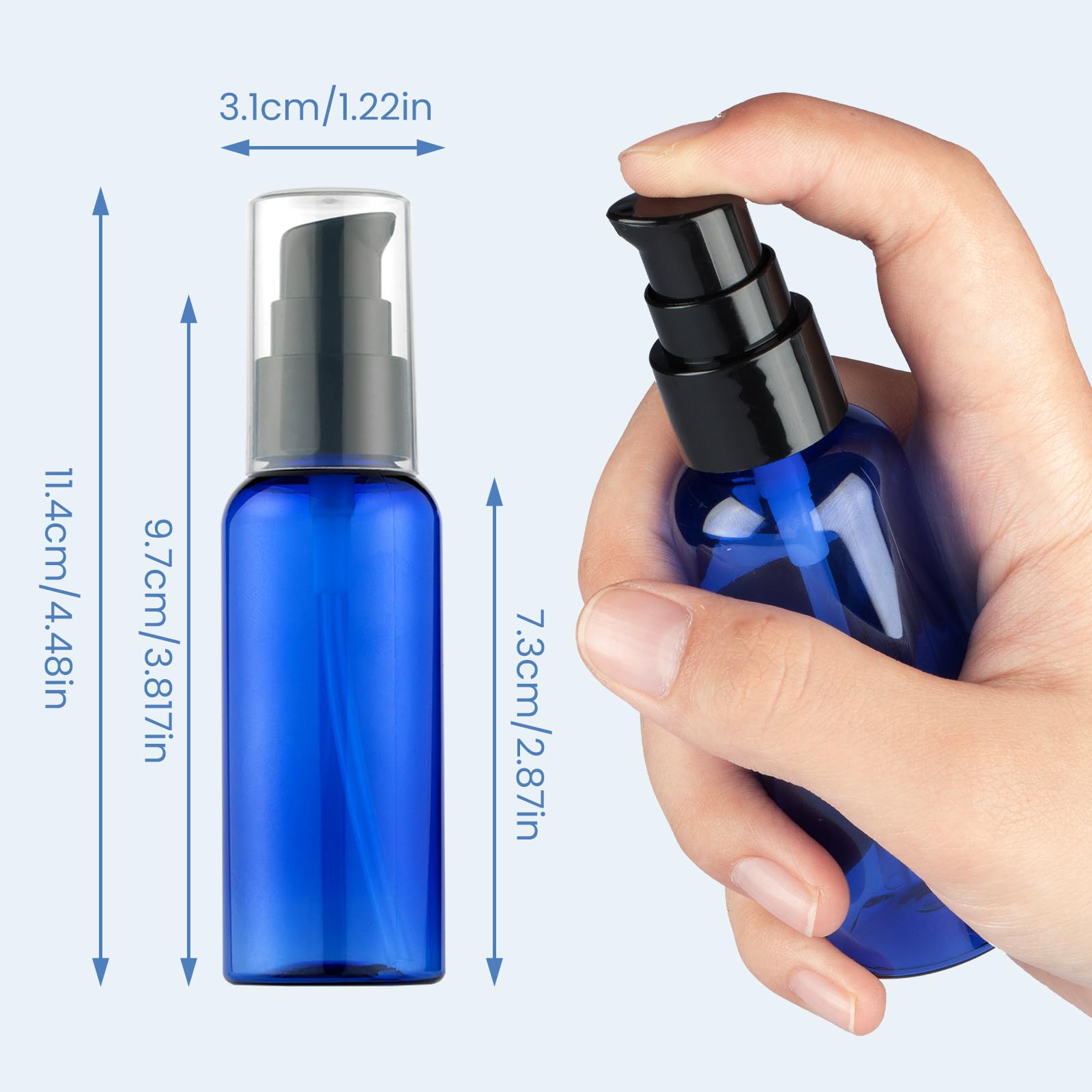 VIDELLY 10 Pieces Travel Pump Bottles for Toiletries 2oz Small Pump Bottles Clear Travel Bottle Plastic Empty Spray Bottle Dispenser With Black Cap For Lotion Cream Essential Oil,50ml Blue (Blue,
