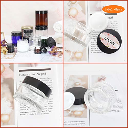 24 Pack 1oz Clear Round Glass Jars - Empty Cosmetic Containers with Inner Liners, black Lids and Glass Sample Jars with labels For Slime, Beauty Products, Cosmetic, Lotion,Powders and Ointments