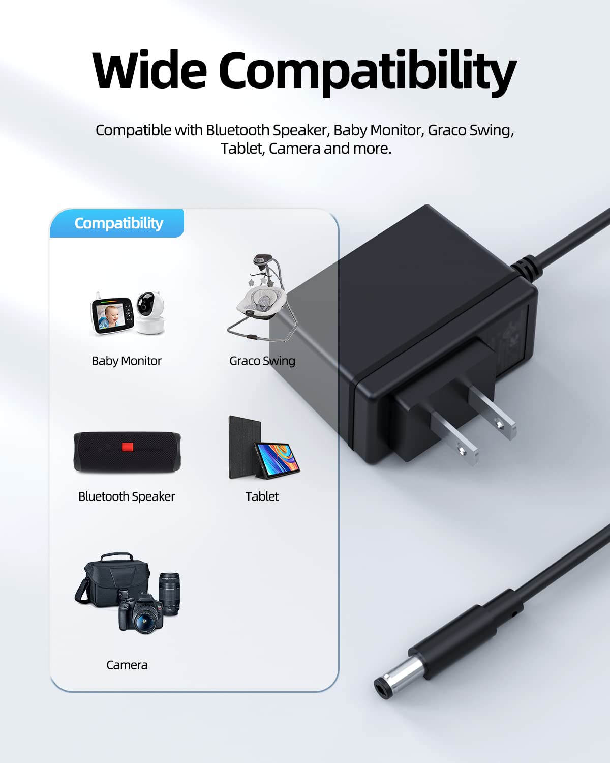 DC 5V 2A Power Cord Supply 10W AC/DC Charger Fit for Bluetooth Speaker, Baby Monitor, Graco Swing, Tablet, Camera and More DC 5v Devices Adapter Multi Tips Switching 5 Volt 2 Amp DC/5V Replacement