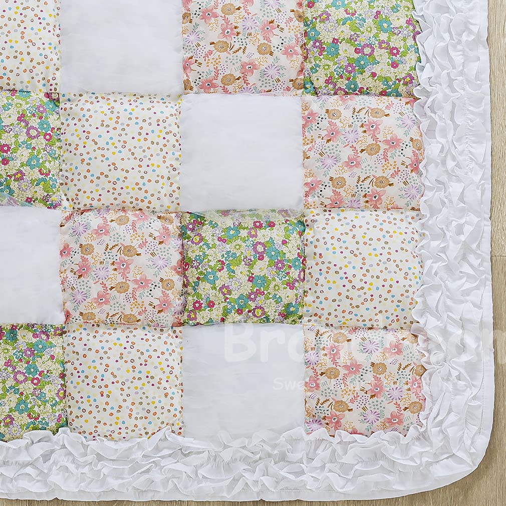 Brandream Luxury Girls Nursery Bedding Farmhouse Floral Crib Bedding Patchwork Baby Blanket Set, 4 Piece Cotton Layered Ruffle Set Pink White Green