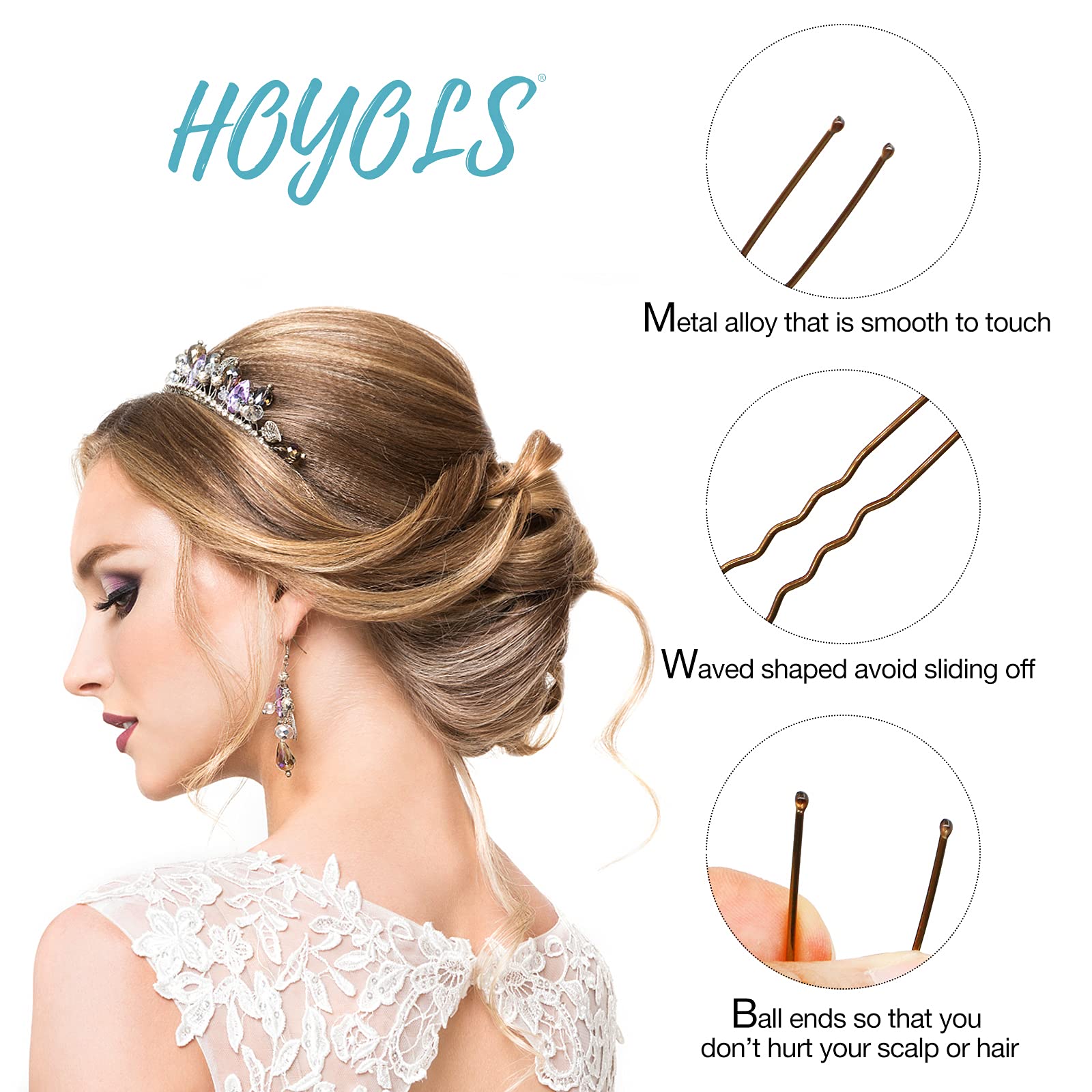 HOYOLS U Shaped Assorted Size Hair Bobby Pins, Metal Bun Clips Hairpin Crimped Design with Ball Tips for Women Girls Grips Hairstyle, 150 Count Bulk Pack (Brown)