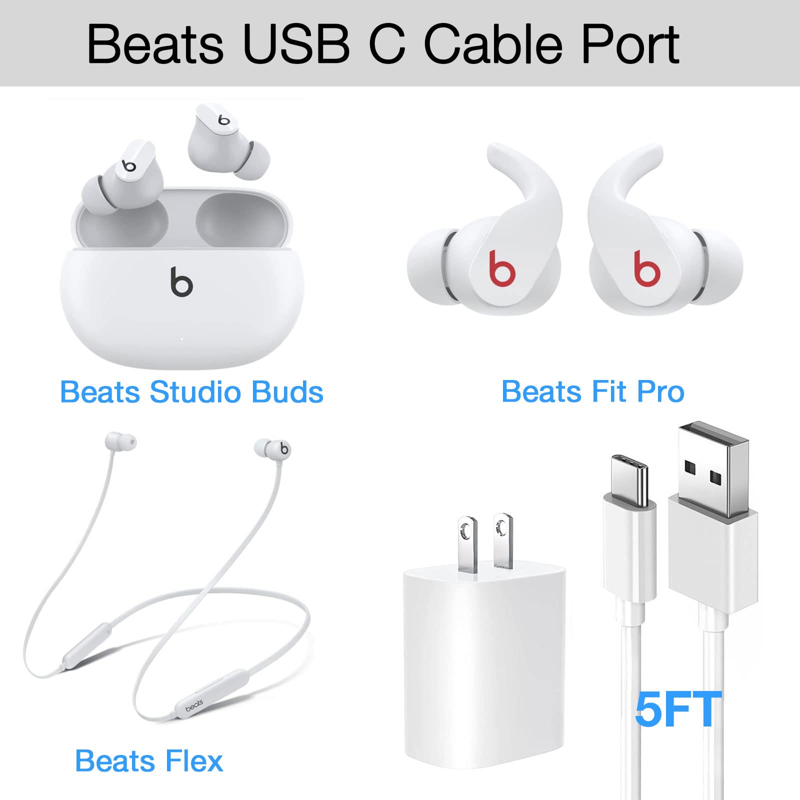 60in USB C Charger Cable for Beats Solo 4,Beats Pill 2024, Studio Buds +, Studio Pro (x Kim Kardashian), Beats Flex,Fit Pro, Wireless Earbuds Headphone Speakers Power Charging Block Cord Accessories