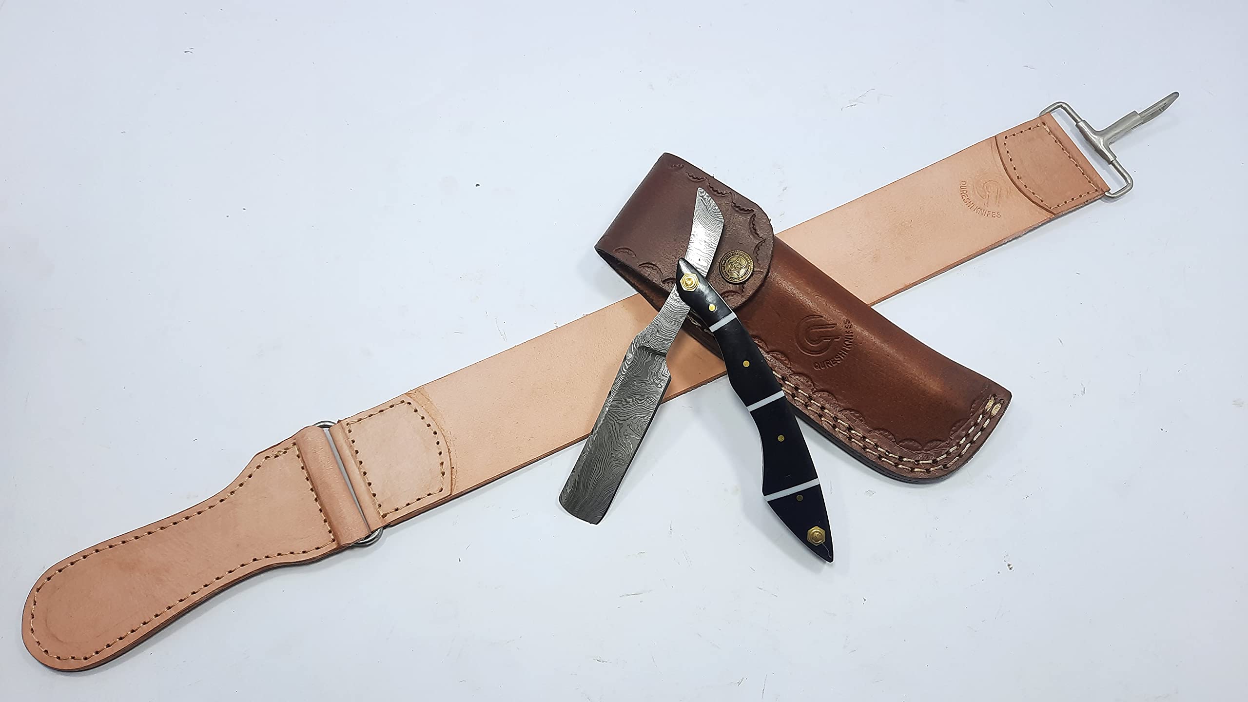 Qureshi Knifes Damascus Steel Straight Razor fixed Blade Camel Bone with Leather Sheath Belt Loop. STR-24001