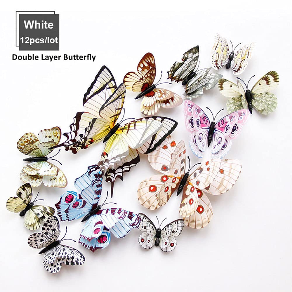 NC 3D Double Layer Butterfly Wall Decor Removable Butterfly Stickers DIY Decorative Wall Art Crafts for Children Room Decor 12pcs(White)