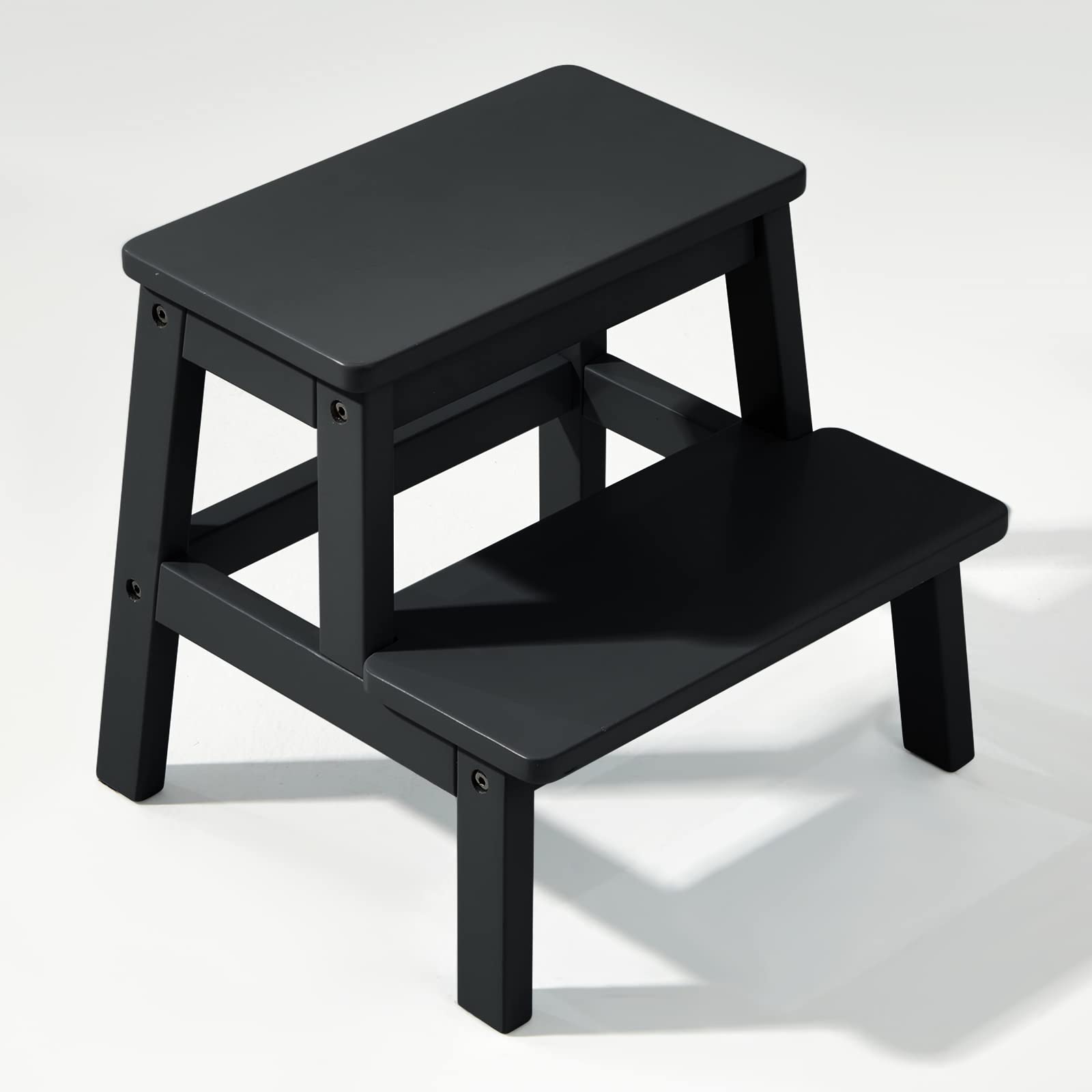 HOUCHICS Wooden Step Stool for Adults Kids, Solid Wood Bed Step Stool, Multi-Purpose 2-Step Stool for Kitchen, Bed, Bathroom with 260lb Load Capacity Black