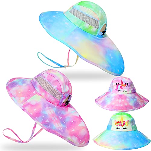 2 Pcs Sun Hat for Girls Unicorn Bucket Summer Hat Kids UV Protection Beach Hat Adjustable Strap Neck Flap Ponytail Cap for Kids 4–12 Years