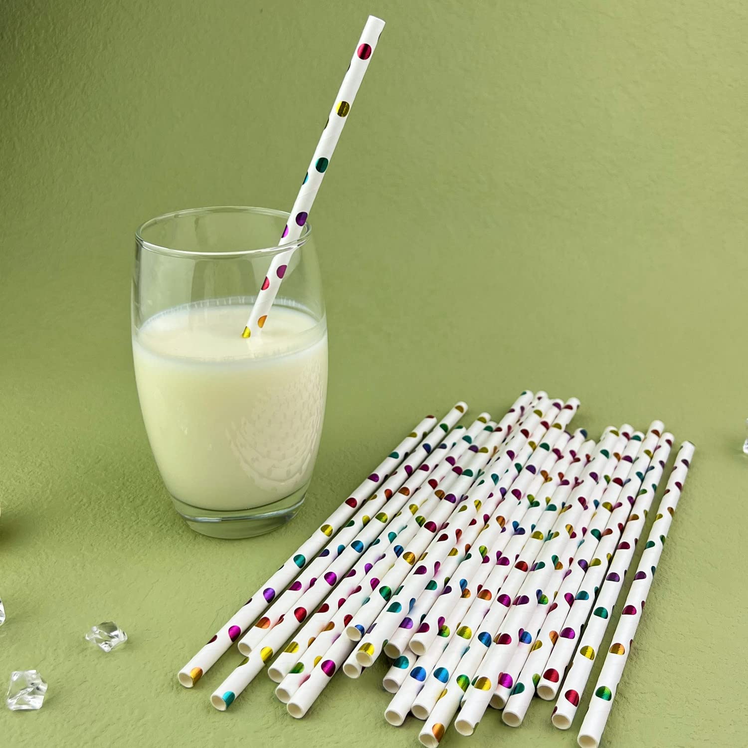100 pcs Rainbow Foil Polka Dot and Star Paper Straws, Colorful Metallic Shiny Blue Green Gold Red Pink Party Drinking Straws Bulk, Kids Wedding Holiday Birthday Cake Pop Sticks (Mixed 2 Styles)