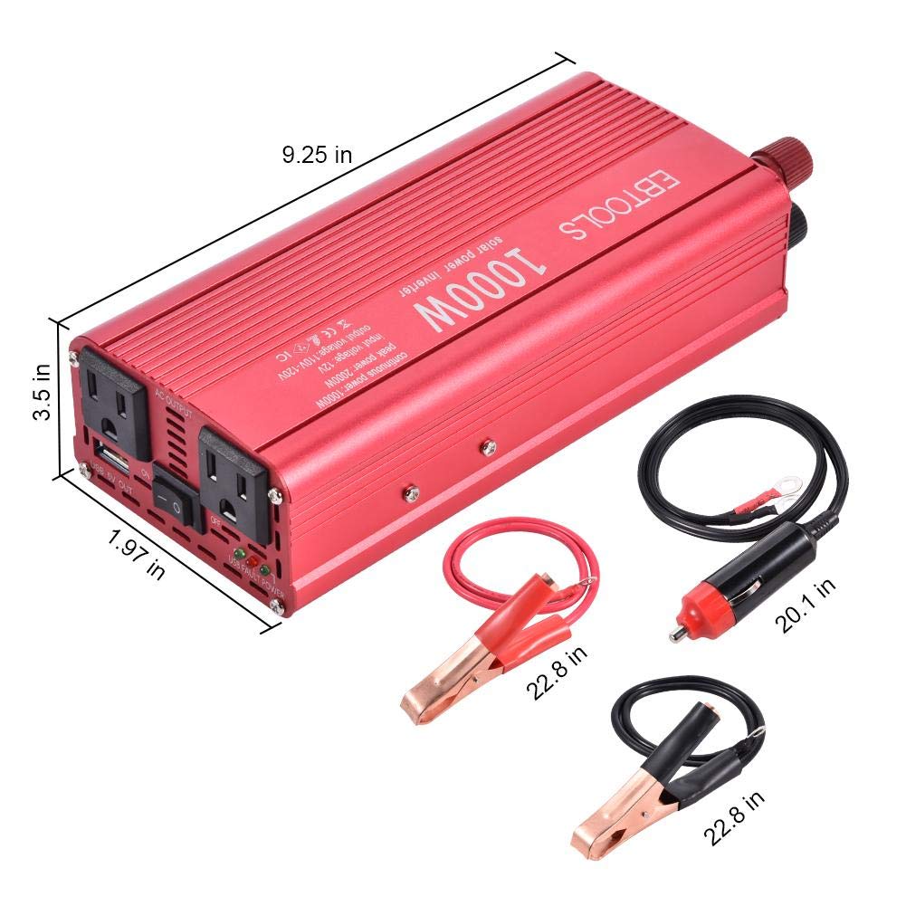 1000W/2000W Power Inverter 12V DC to 110V AC Car Converter with USB Charging Ports and Dual AC Outlets