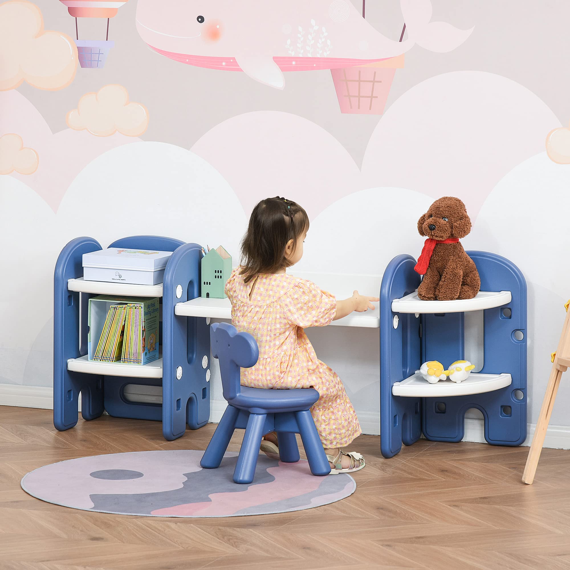 Qaba Kids Table and Chair Set, Activity Desk with Bookshelf & Storage for Study, Activities, Arts, or Crafts, Blue and White