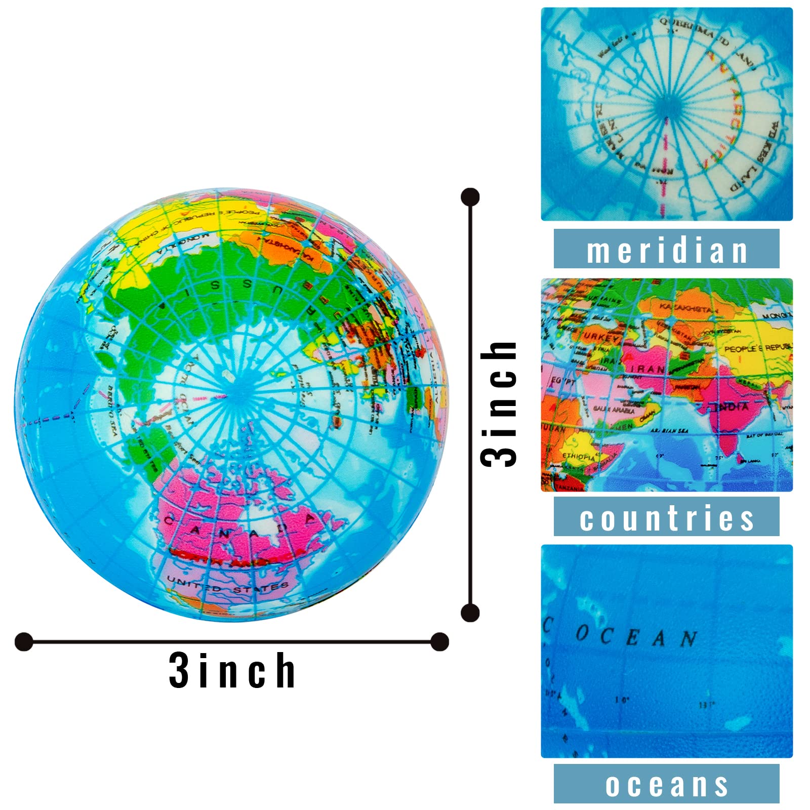 3 otters 15PCS Globe Squeeze Balls, 3 Inch Earth Stress Relief Balls Foam Squeeze Balls Educational Stress Balls for Finger Exercise School Carnival Reward Party Bag Gift