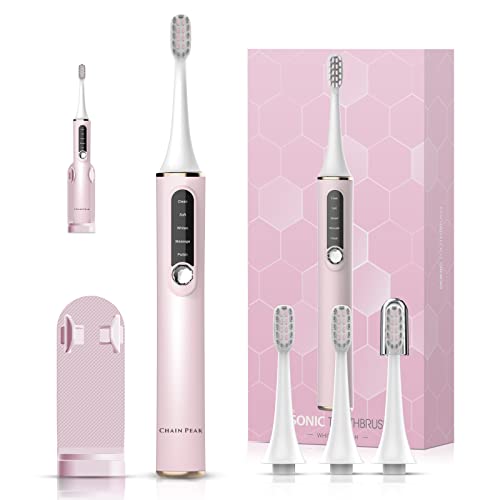 Adults Sonic Electric Toothbrush, Rechargeable Electric Toothbrush for Man Women, Couples Toothbrush with LED Mode Indicator, 30s Reminder, 2 Mins Timer, 5 Modes, 4 Brush Heads, Wall-Mount Holder
