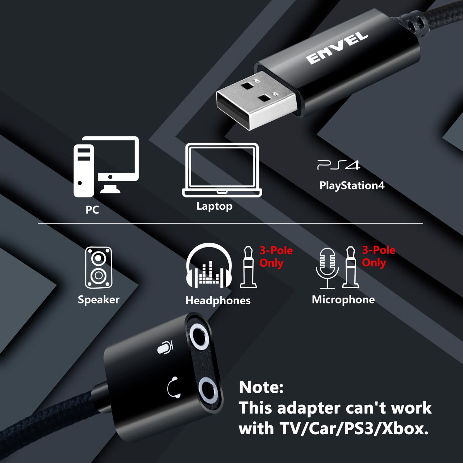 ENVEL USB to 3.5mm Audio Adapter,External Stereo Sound Card with Dual TRS 3-Pole 3.5mm Headphone and Microphone Jack for PS4/PS5/PC/Laptop, Built-in Chip Mic-Supported Headphone Adapter (Black Pro)