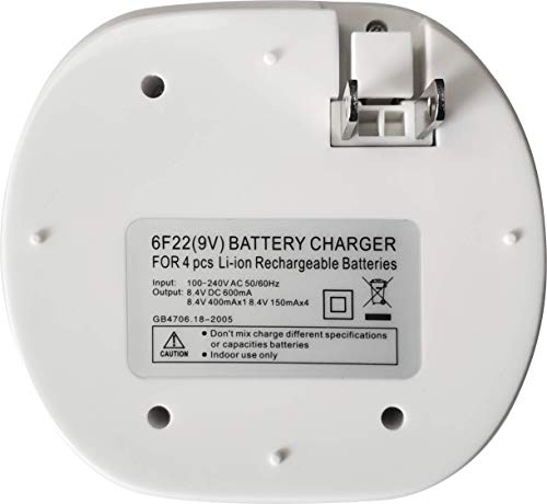 EEMB LP 9V Rechargeable Lithium ion Battery Charger for 6F22 650mAh 9Volt Li-ion Batteries for Smoke Alarm Digital Cameras Toys Clocks (4 Bay Charger)