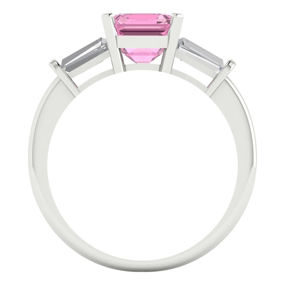 1.62ct SQ Emerald cut 3 stone Solitaire Pink Simulated Diamond Designer Anniversary Bridal Engagement Ring 14k White Gold 6