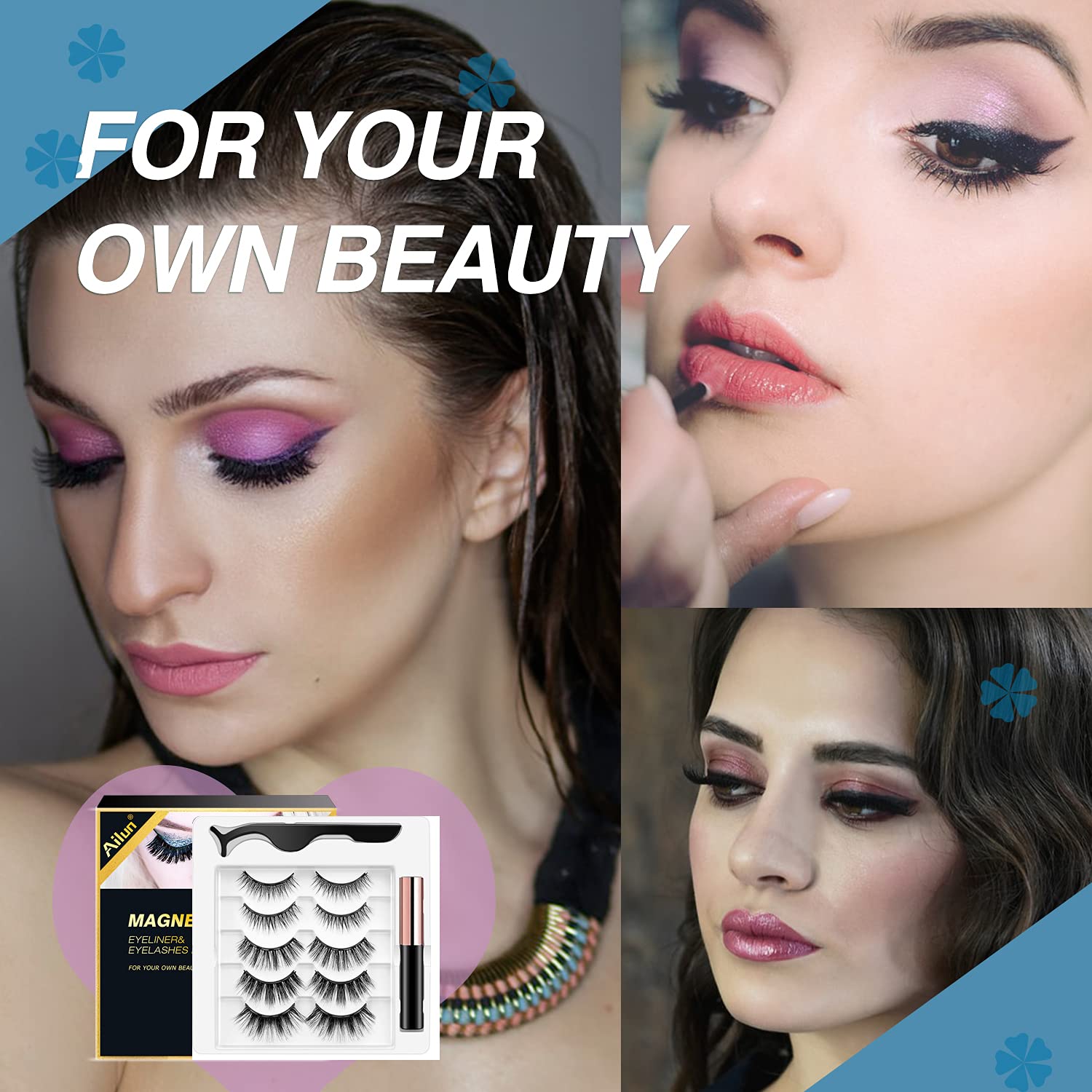 Ailun Magnetic Eyeliner and Eyelashes Kit Volume Fluffy Natural look False Eyelashes 5 Pairs Wispies Long Extension Eyelashes with Tweezers,Easy to Wear,Resuable and No Glue