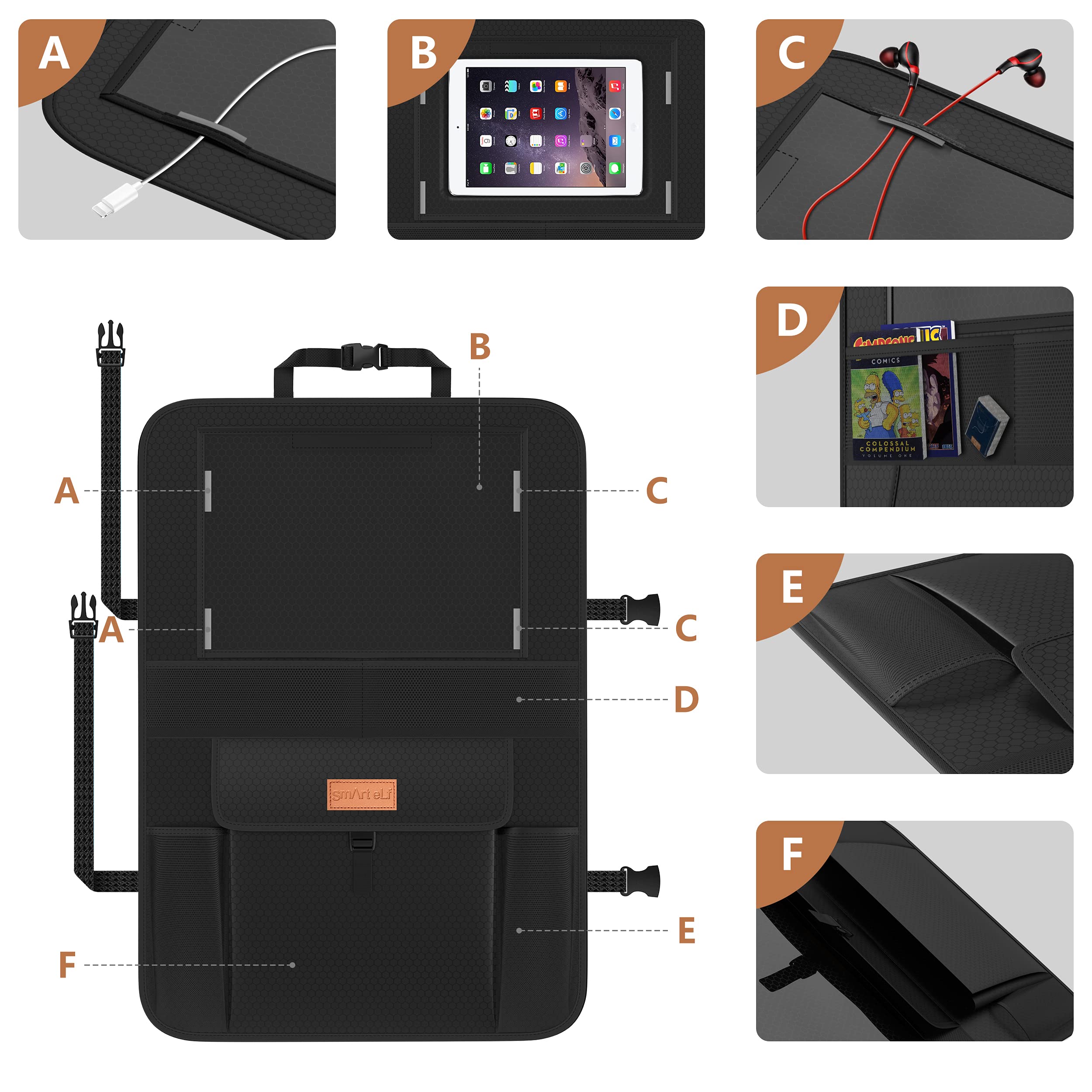 SMART ELF Backseat Car Organizer with iPad Holder + 6 Storage Pockets, Back Seat Protectors Kick Mats for Child Baby Kids, Premium Fabric with Sag Proof, Waterproof