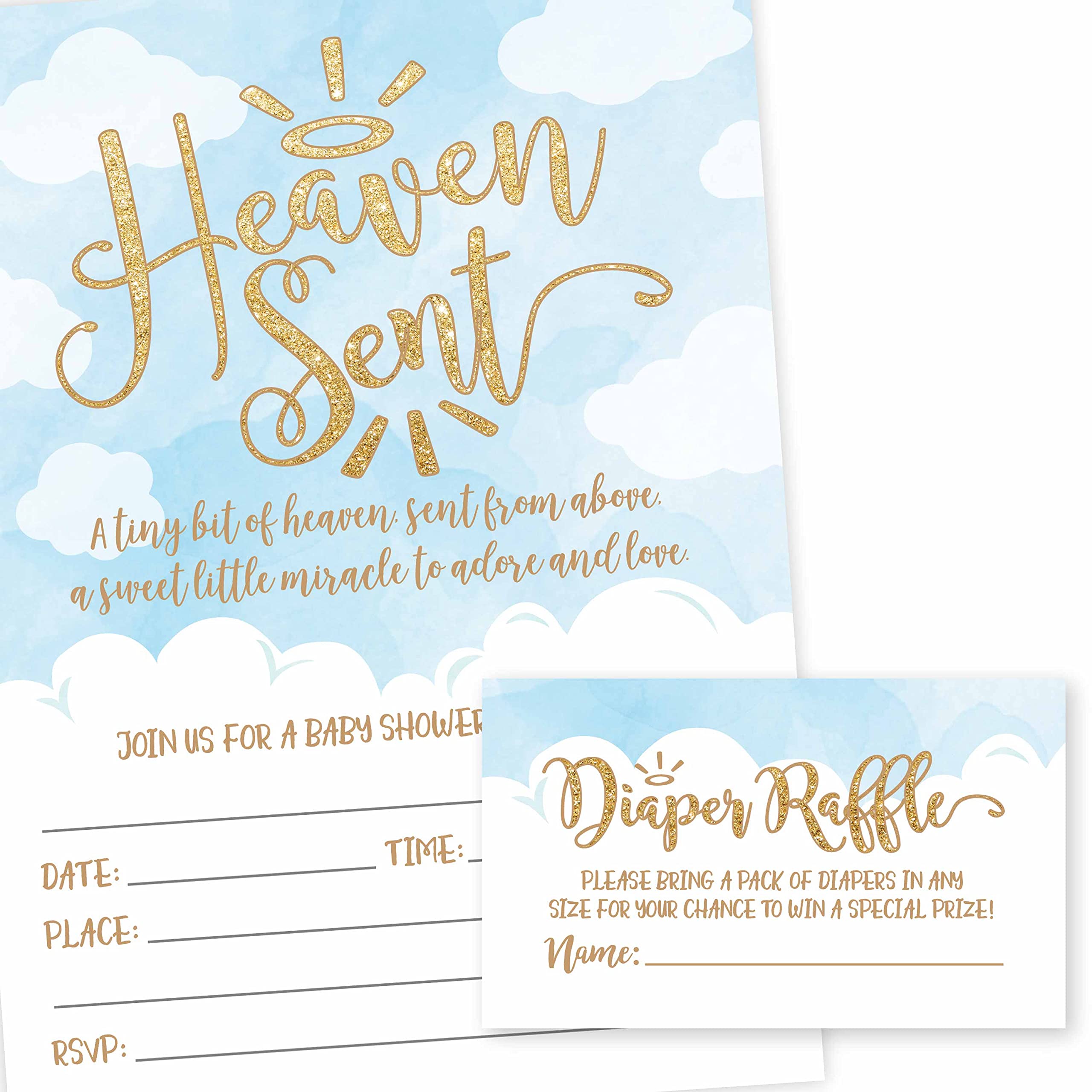 Hadley Designs 25 Blue Boy Heaven Sent Clouds Baby Shower Invitations, 25 Baby Shower Diaper Raffle Tickets For Baby Shower, Celestial Angel Fill or Write in Card, Diaper Raffle Cards, Baby Shower