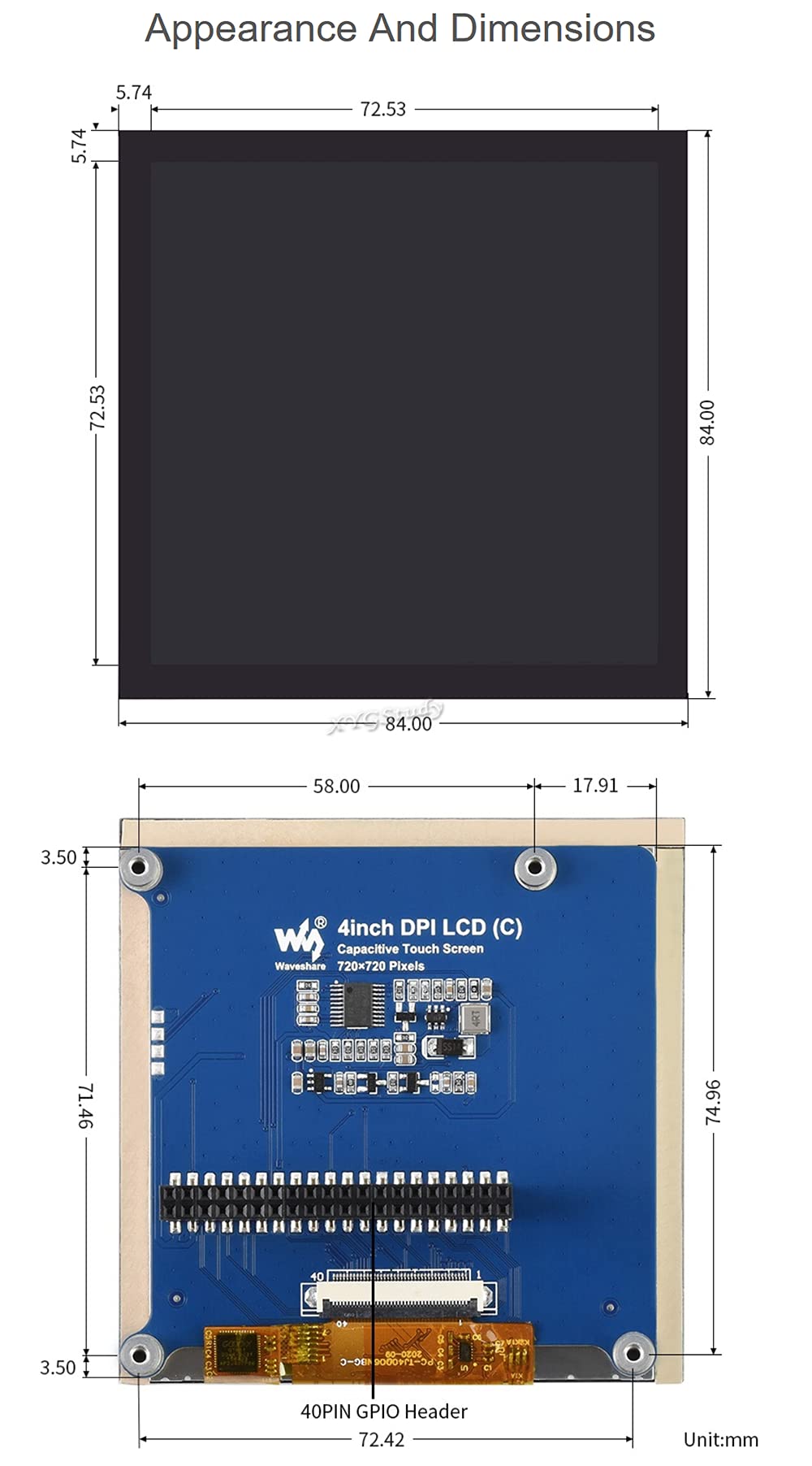 XYGStudy 4inch Square IPS Display Capacitive Touch Screen LCD (C) DPI Interface Resolution 720×720 Low Power Solution for Raspberry Pi 4B/3B+/Zero W etc