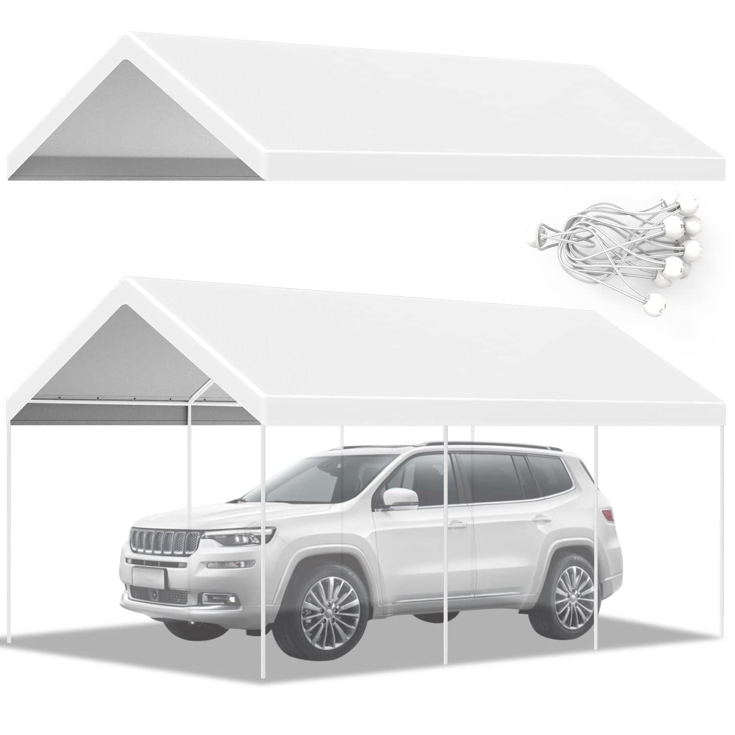 10x20 ft Carport Car Replacement Canopy Cover for Tent Party Top Garage Shelter with 26 Ball Bungees(Only Cover, Frame Not Included), white